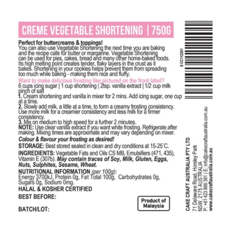 Cake Craft Creme Vegetable Shortening 750g | Chef's Complements
